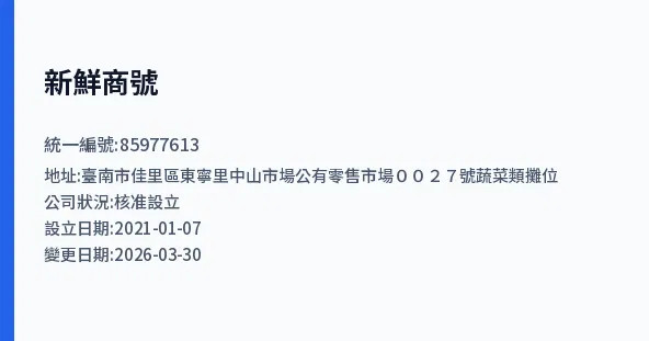 新鮮商號的照片-統編 85977613(臺南市) 公司登記資料與營業項目詳細圖表