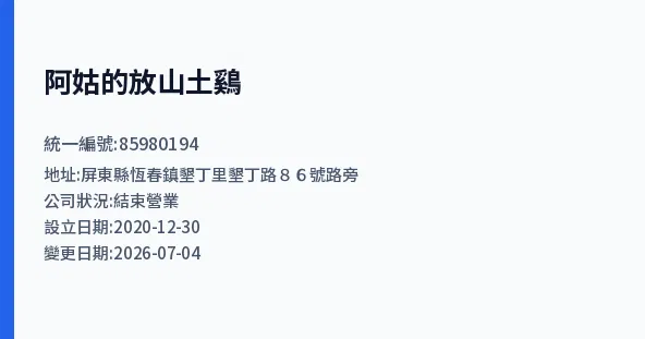 阿姑的放山土鷄的照片-統編 85980194(屏東縣) 公司登記資料與營業項目詳細圖表