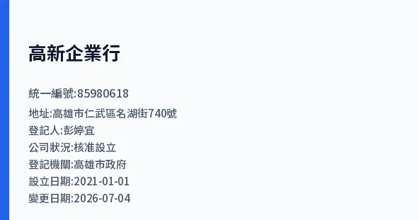 高新企業行的照片-統編 85980618(高雄市) 公司登記資料與營業項目詳細圖表