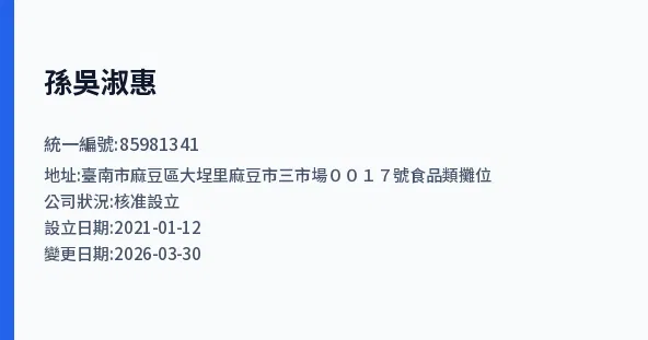 孫吳淑惠的照片-統編 85981341(臺南市) 公司登記資料與營業項目詳細圖表