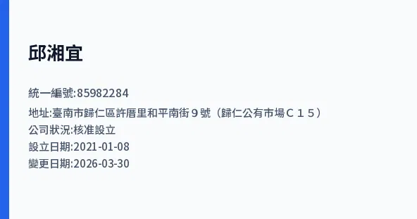 邱湘宜的照片-統編 85982284(臺南市) 公司登記資料與營業項目詳細圖表