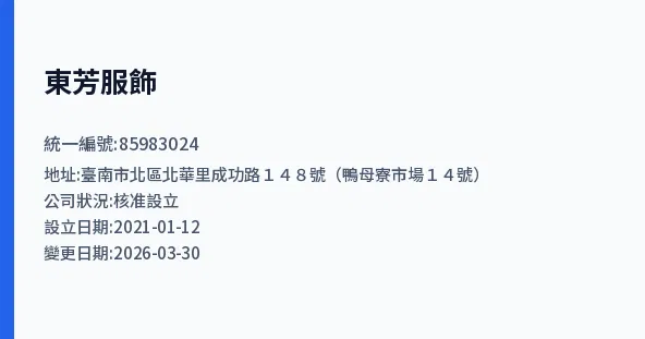 東芳服飾的照片-統編 85983024(臺南市) 公司登記資料與營業項目詳細圖表