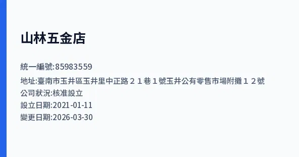 山林五金店的照片-統編 85983559(臺南市) 公司登記資料與營業項目詳細圖表