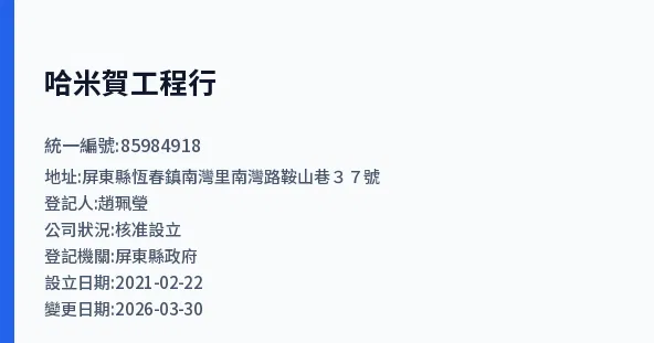 哈米賀工程行的照片-統編 85984918(屏東縣) 公司登記資料與營業項目詳細圖表