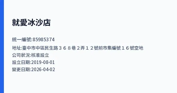 就愛冰沙店的照片-統編 85985374(臺中市) 公司登記資料與營業項目詳細圖表