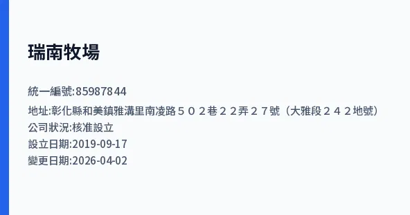 瑞南牧場的照片-統編 85987844(彰化縣) 公司登記資料與營業項目詳細圖表