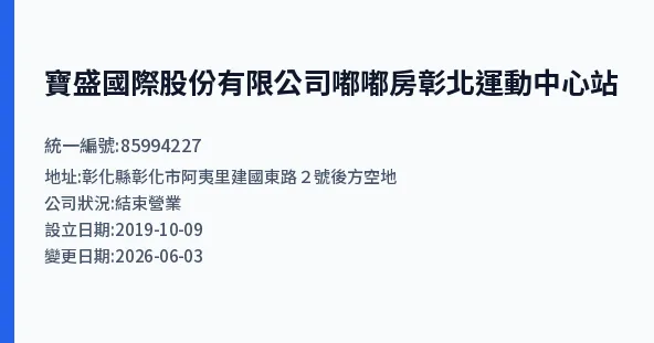 寶盛國際股份有限公司嘟嘟房彰北運動中心站的照片-統編 85994227(彰化縣) 公司登記資料與營業項目詳細圖表