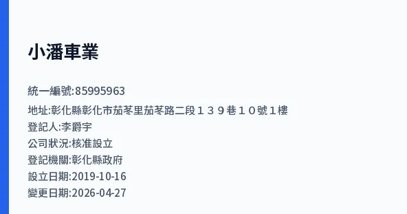 小潘車業的照片-統編 85995963(彰化縣) 公司登記資料與營業項目詳細圖表