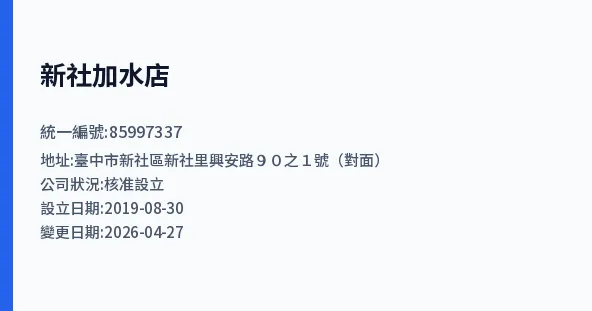 新社加水店的照片-統編 85997337(臺中市) 公司登記資料與營業項目詳細圖表