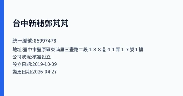 台中新秘鄧芃芃的照片-統編 85997478(臺中市) 公司登記資料與營業項目詳細圖表