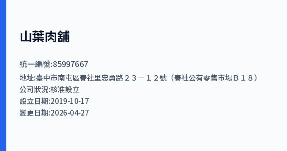 山葉肉舖的照片-統編 85997667(臺中市) 公司登記資料與營業項目詳細圖表