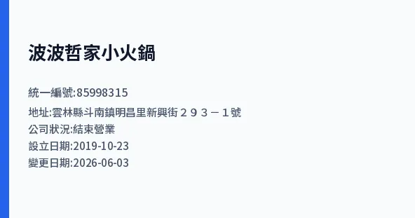 波波哲家小火鍋的照片-統編 85998315(雲林縣) 公司登記資料與營業項目詳細圖表