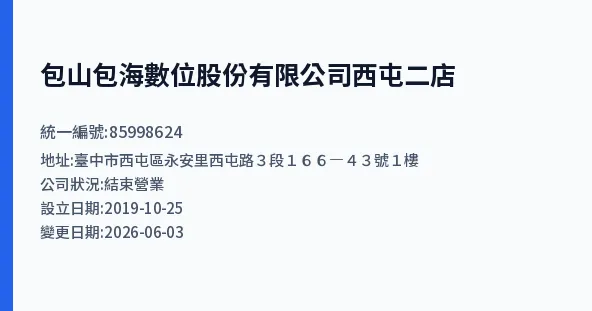 包山包海數位股份有限公司西屯二店的照片-統編 85998624(臺中市) 公司登記資料與營業項目詳細圖表
