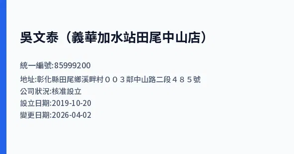 吳文泰(義華加水站田尾中山店)的照片-統編 85999200(彰化縣) 公司登記資料與營業項目詳細圖表