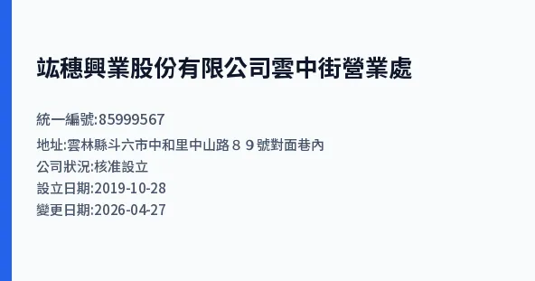 竑穗興業股份有限公司雲中街營業處的照片-統編 85999567(雲林縣) 公司登記資料與營業項目詳細圖表