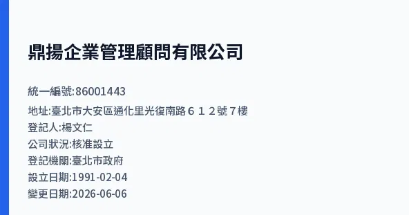 鼎揚企業管理顧問有限公司的照片-統編 86001443(臺北市) 公司登記資料與營業項目詳細圖表