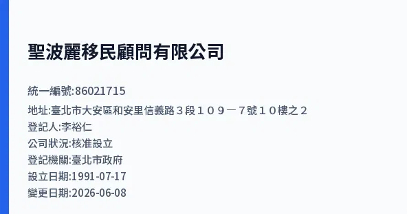 聖波麗移民顧問有限公司的照片-統編 86021715(臺北市) 公司登記資料與營業項目詳細圖表