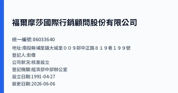 福爾摩莎國際行銷顧問股份有限公司的照片-統編 86033640(南投縣) 公司登記資料與營業項目詳細圖表