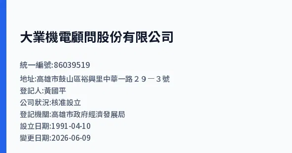 大業機電顧問股份有限公司的照片-統編 86039519(高雄市) 公司登記資料與營業項目詳細圖表