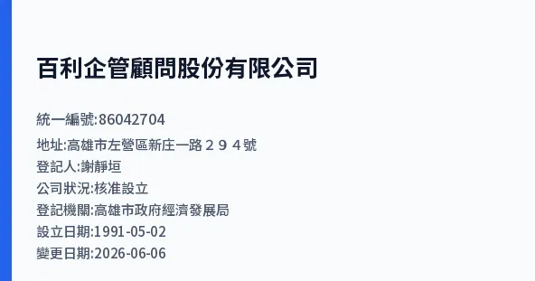 百利企管顧問股份有限公司的照片-統編 86042704(高雄市) 公司登記資料與營業項目詳細圖表