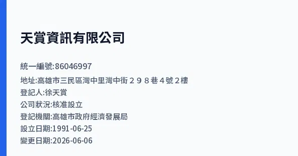 天賞資訊有限公司的照片-統編 86046997(高雄市) 公司登記資料與營業項目詳細圖表