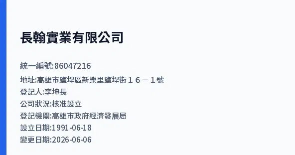 長翰實業有限公司的照片-統編 86047216(高雄市) 公司登記資料與營業項目詳細圖表