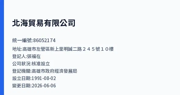 北海貿易有限公司的照片-統編 86052174(高雄市) 公司登記資料與營業項目詳細圖表
