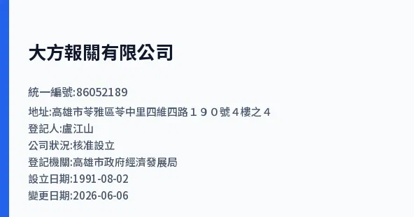 大方報關有限公司的照片-統編 86052189(高雄市) 公司登記資料與營業項目詳細圖表