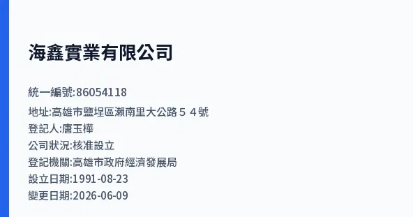 海鑫實業有限公司的照片-統編 86054118(高雄市) 公司登記資料與營業項目詳細圖表