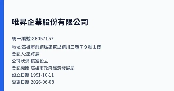唯昇企業股份有限公司的照片-統編 86057157(高雄市) 公司登記資料與營業項目詳細圖表