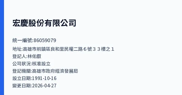 宏慶股份有限公司的照片-統編 86059079(高雄市) 公司登記資料與營業項目詳細圖表