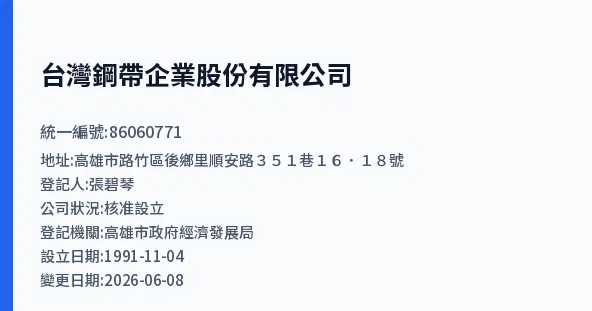 台灣鋼帶企業股份有限公司的照片-統編 86060771(高雄市) 公司登記資料與營業項目詳細圖表