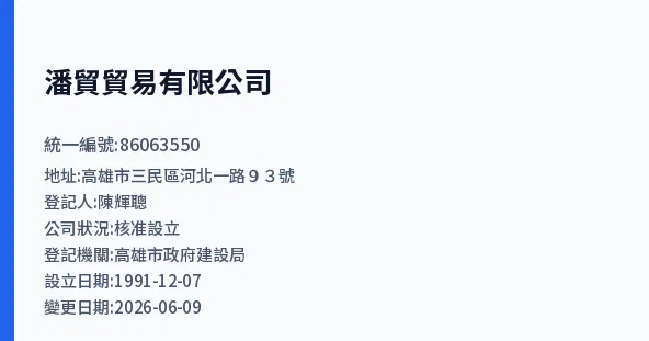 潘貿貿易有限公司的照片-統編 86063550(高雄市) 公司登記資料與營業項目詳細圖表