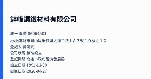 鋅峰鋼鐵材料有限公司的照片-統編 86064501(高雄市) 公司登記資料與營業項目詳細圖表