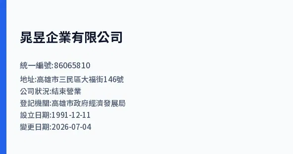 晁昱企業有限公司的照片-統編 86065810(高雄市) 公司登記資料與營業項目詳細圖表
