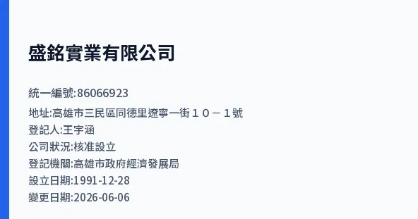 盛銘實業有限公司的照片-統編 86066923(高雄市) 公司登記資料與營業項目詳細圖表