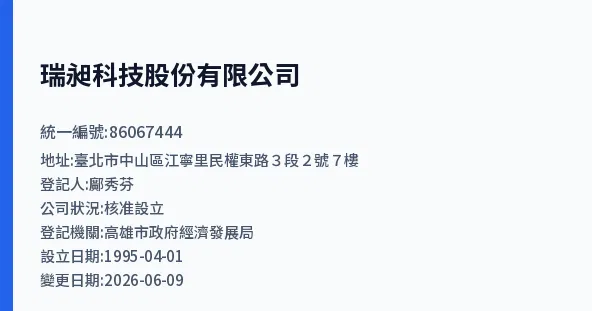 瑞昶科技股份有限公司的照片-統編 86067444(臺北市) 公司登記資料與營業項目詳細圖表
