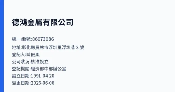 德鴻金屬有限公司的照片-統編 86073086(彰化縣) 公司登記資料與營業項目詳細圖表