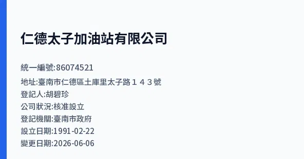 仁德太子加油站有限公司的照片-統編 86074521(臺南市) 公司登記資料與營業項目詳細圖表
