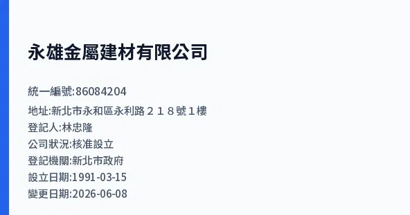 永雄金屬建材有限公司的照片-統編 86084204(新北市) 公司登記資料與營業項目詳細圖表
