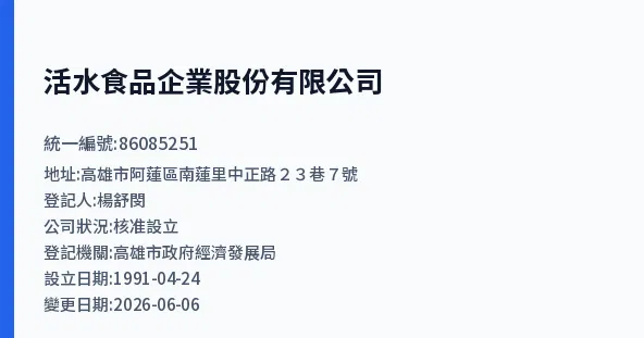 活水食品企業股份有限公司的照片-統編 86085251(高雄市) 公司登記資料與營業項目詳細圖表