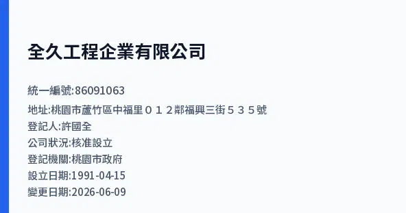全久工程企業有限公司的照片-統編 86091063(桃園市) 公司登記資料與營業項目詳細圖表