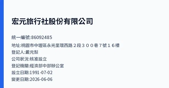 宏元旅行社股份有限公司的照片-統編 86092485(桃園市) 公司登記資料與營業項目詳細圖表
