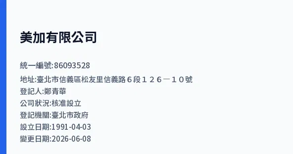 美加有限公司的照片-統編 86093528(臺北市) 公司登記資料與營業項目詳細圖表