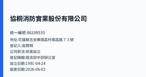 協桐消防實業股份有限公司的照片-統編 86109535(花蓮縣) 公司登記資料與營業項目詳細圖表