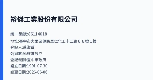 裕傑工業股份有限公司的照片-統編 86114018(臺中市) 公司登記資料與營業項目詳細圖表