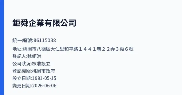 鉅舜企業有限公司的照片-統編 86115038(桃園市) 公司登記資料與營業項目詳細圖表