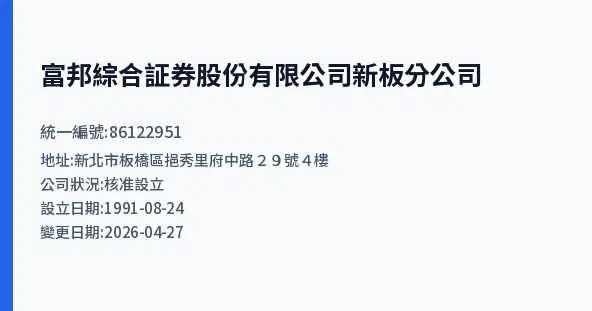 富邦綜合証券股份有限公司新板分公司的照片-統編 86122951(新北市) 公司登記資料與營業項目詳細圖表
