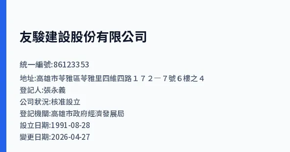 友駿建設股份有限公司的照片-統編 86123353(高雄市) 公司登記資料與營業項目詳細圖表