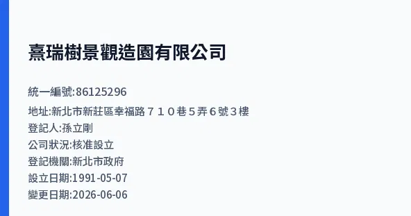 熹瑞樹景觀造園有限公司的照片-統編 86125296(新北市) 公司登記資料與營業項目詳細圖表